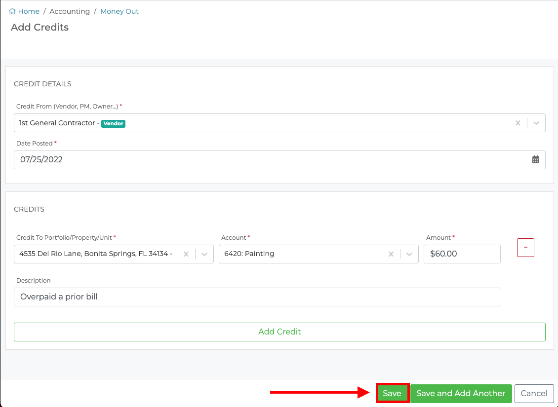 How to Add a Vendor Credit (credit an owner)