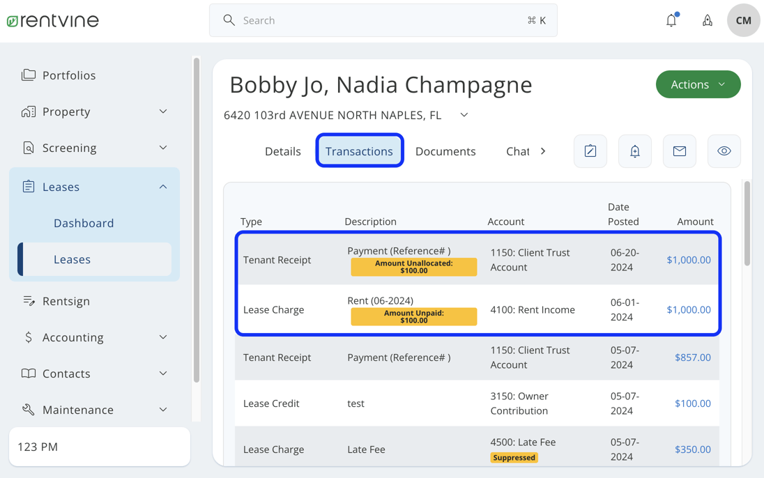 How to Void a Lease Charge that has a Receipt Allocated to It