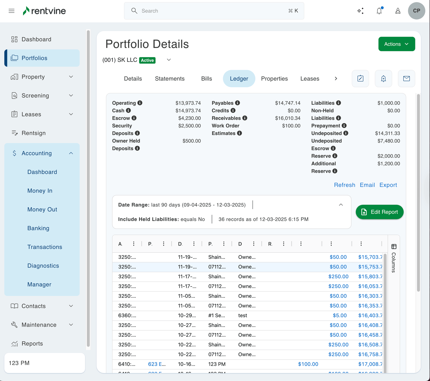 Portfolio Ledger Balances
