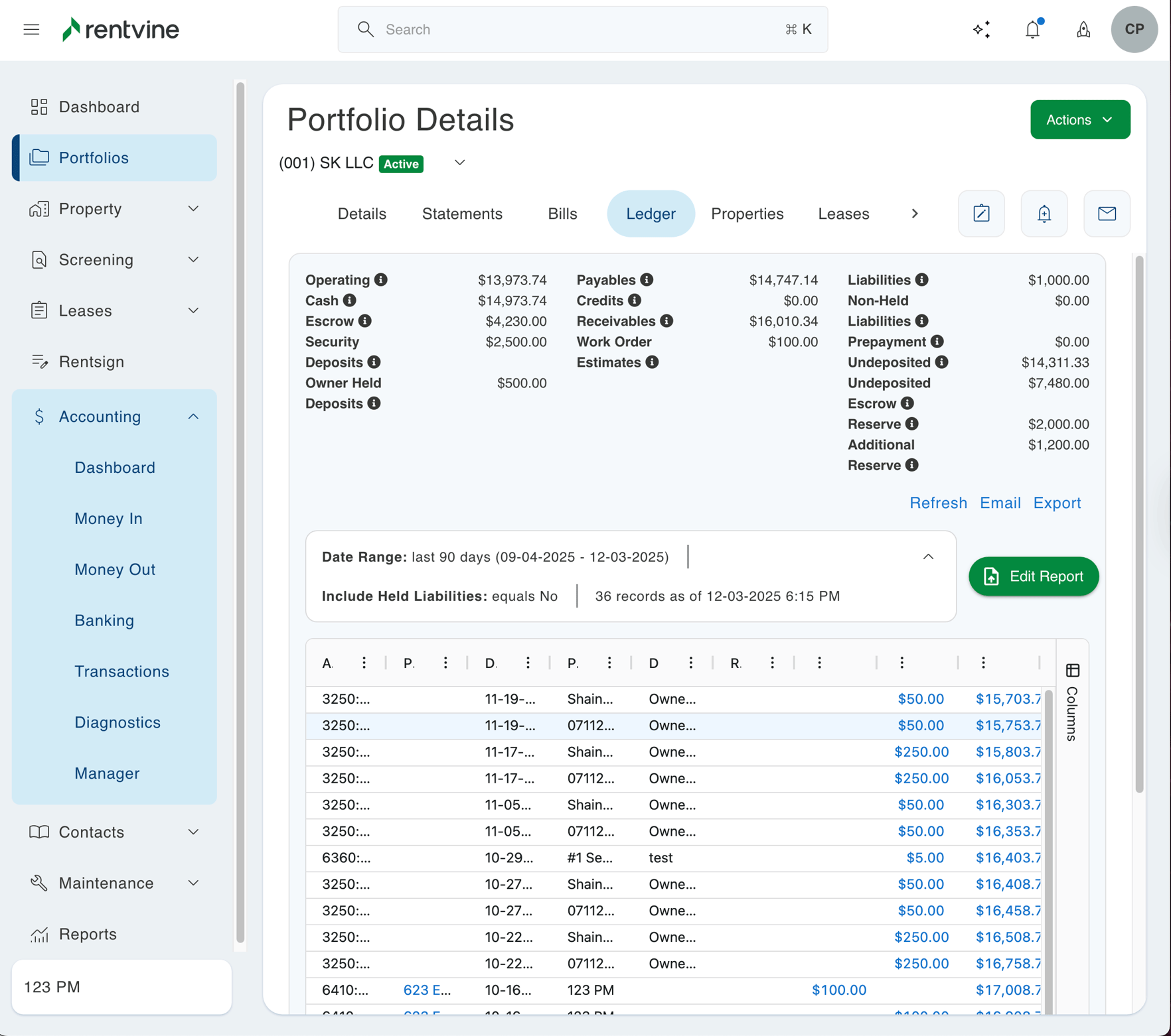 Portfolio Ledger Balances